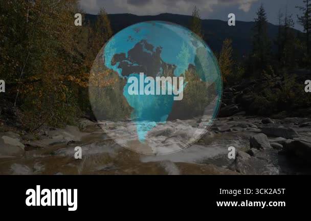Globe overlay fading in and rotating over forest stream, revealing ...