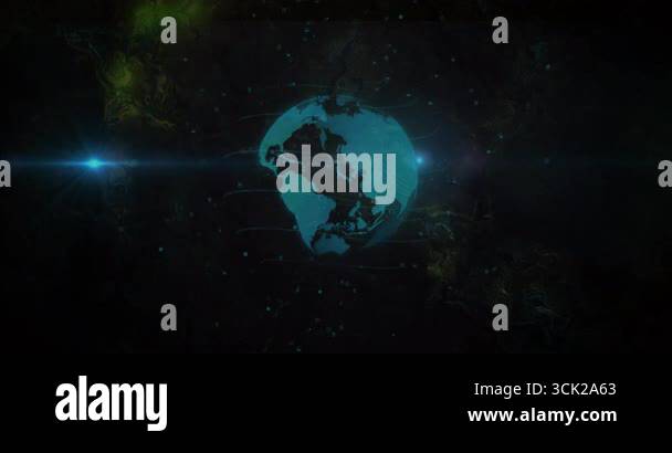 3D globe appearing, rotating while streaming data lines and pulsing ...