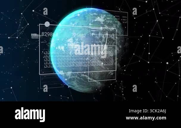 Opening view showing rotating Earth, panels materializing and updating data for network display ...