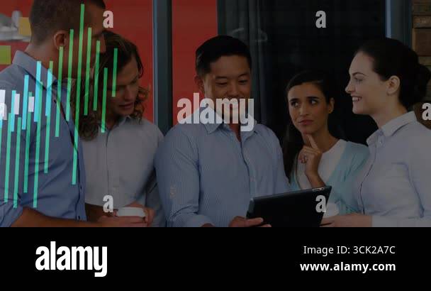 Five colleagues gesturing to tablet and activating animated equalizer overlay rising during ...