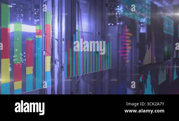 Opening glass panel displaying multicolored bars for live data, lens ...