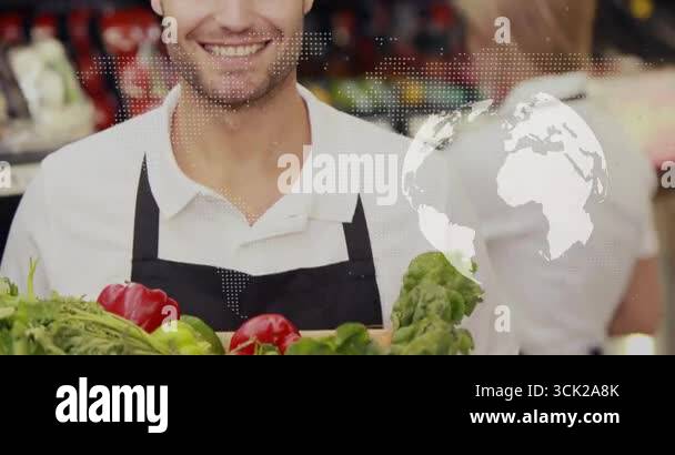 Male grocery clerk holding crate activating dot map fading into ...