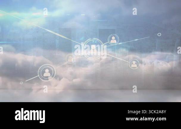 Misty clouds drifting revealing node radiating lines linking icons to illustrate network growth ...