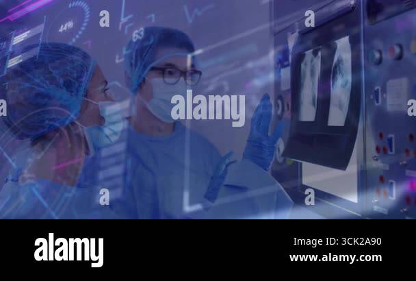 Surgeons viewing chest X-ray loading, marking concerns and adjusting ...