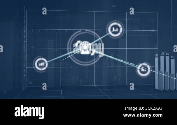 Spinning ring initiating icon spawning and connecting globe and chart ...