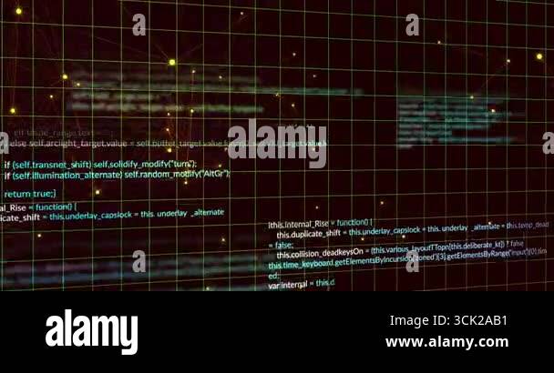 Yellow nodes appearing on receding green grid starting code blocks scrolling and pulsing data ...