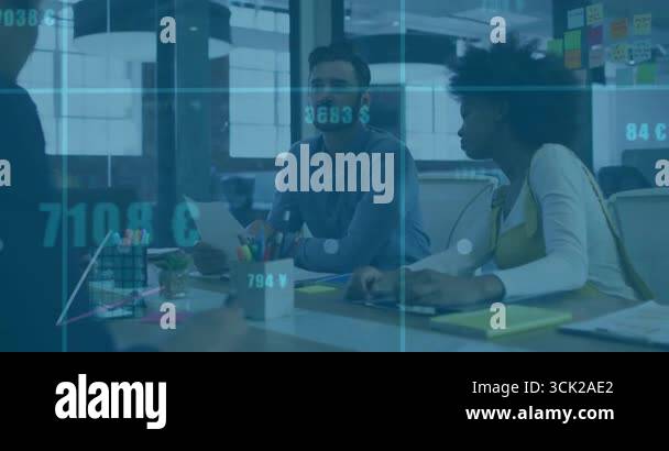 Business team viewing symbols appearing on glass wall charts rising ...