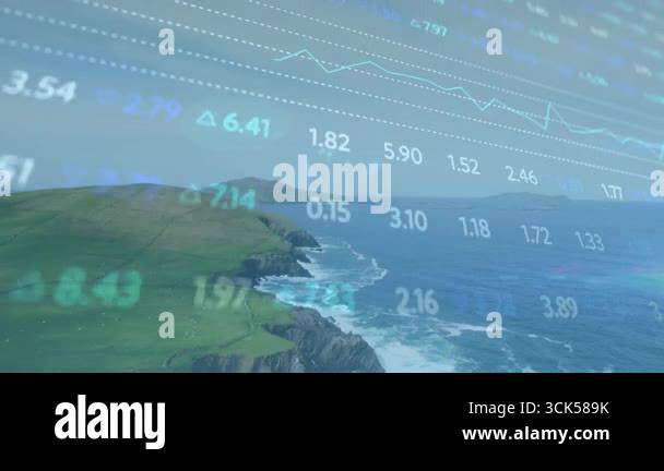 On Start Financial Overlay Animating Over Coast Scrolling Numbers Shifting Graphs With Live Feed