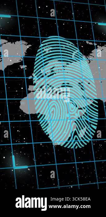 Security padlock icon and biometric fingerprint scanner over grid ...