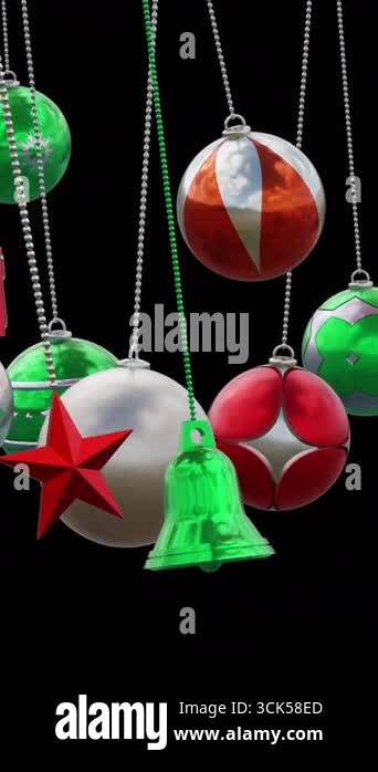 Animation of christmas baubles decorations over black background ...