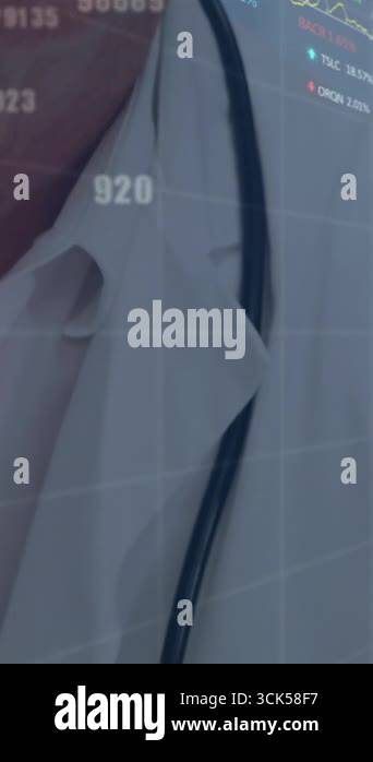 Animation of financial data processing over smiling male doctor. Global ...