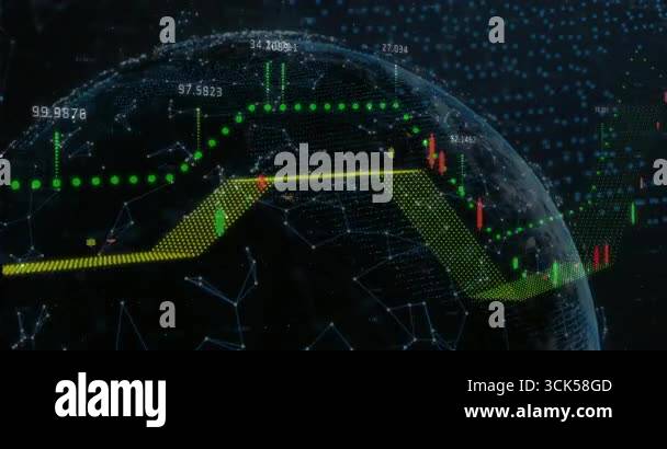 Rotating wireframe globe starting yellow band animating bars and arrow ...