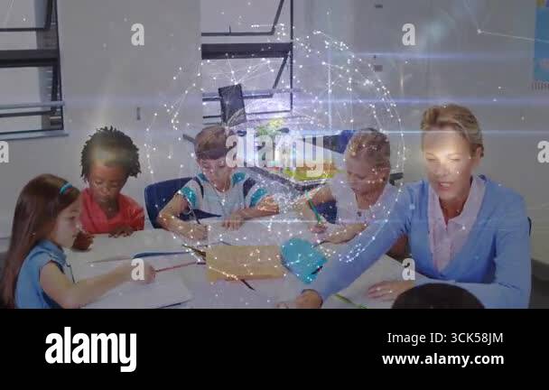 Female teacher guiding students retrieving blue piece from STEM kit box ...