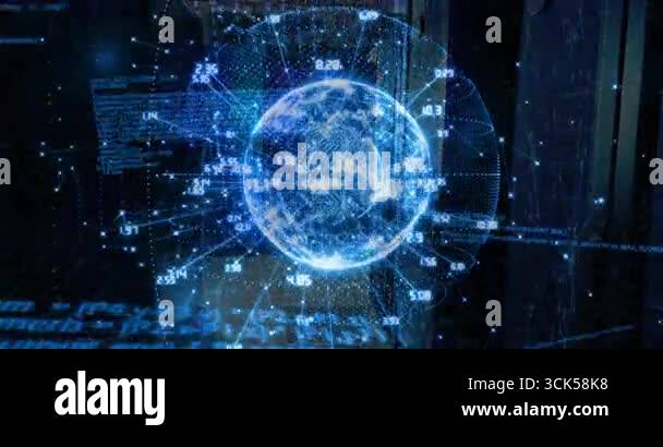 Server racks activating holographic globe spinning while data labels pulse for real-time ...