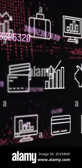 Animation of multiple changing numbers and digital icons over data ...