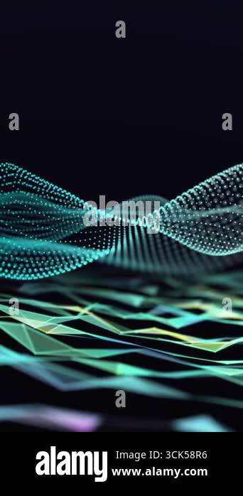 Digital waveforms and data points over abstract geometric landscape ...