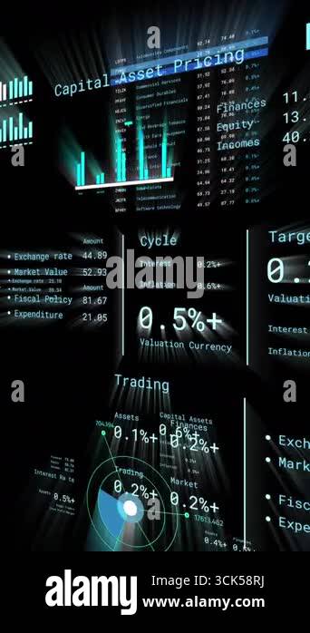 Animation of financial data processing with numbers over black background. Global networks ...