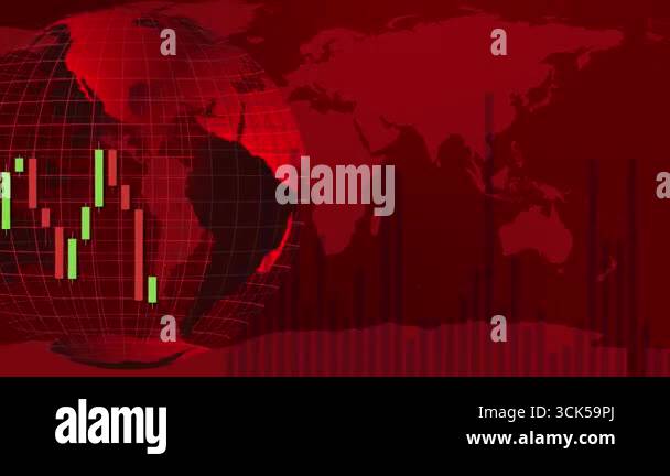Red-themed animation with candlestick charts and global maps ...