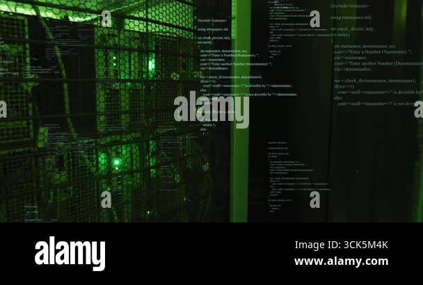 Camera panning right revealing mesh cage, server rack green-lit under ...