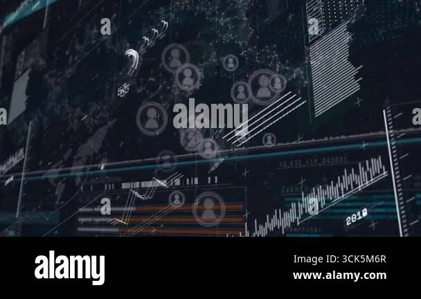 filled bar chart rising initiating 3D map emerging while user icons drifting sending streaming ...