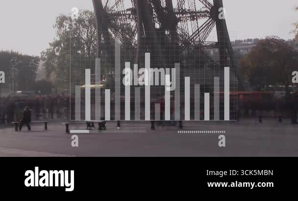 Upon translucent chart rising over plaza, bars fluctuating as tracker ...