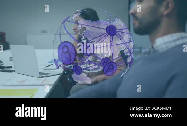 Female speaker leading discussion in meeting as purple globe spinning ...