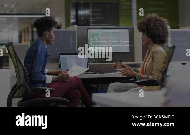 Right-hand woman picking coffee cup initiating project talk while left-hand woman listening to ...