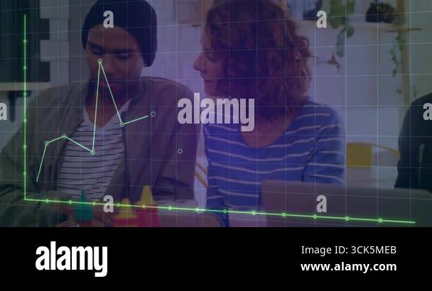 Man tapping smartphone triggers grid with line graph overlay, group analyzing business data ...