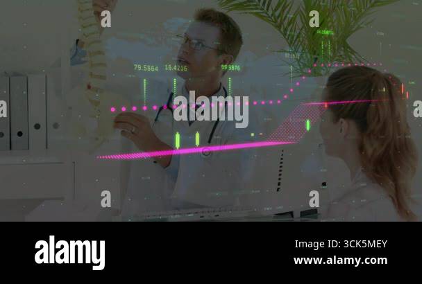 Medical doctor lifting spine model for patient using animated rising ...
