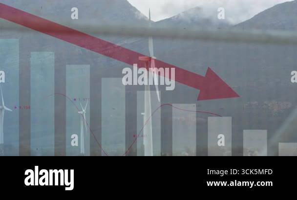 overlay starting turbine blades rotating as red arrow sliding down bars showing falling output ...
