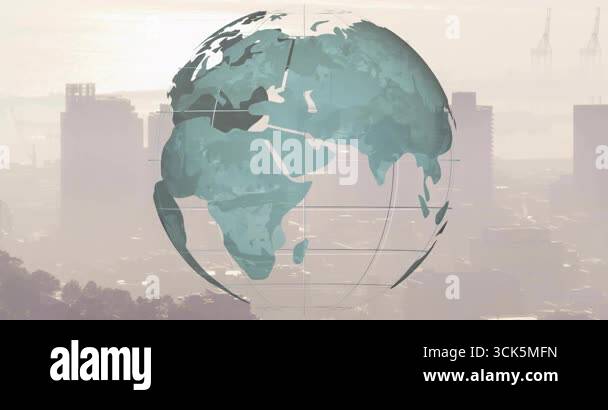 On animation start 3D globe rotating over hazy skyline illustrating ...