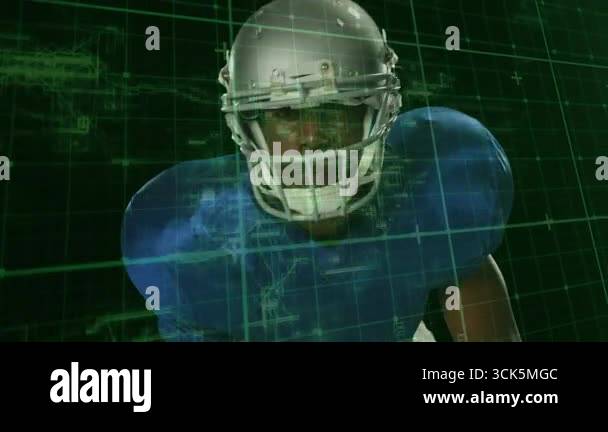 Football player pressing visor and tracing digital grid while scanning ...
