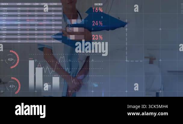 Two doctors reviewing medical data on clipboard, visualizing charts and ...