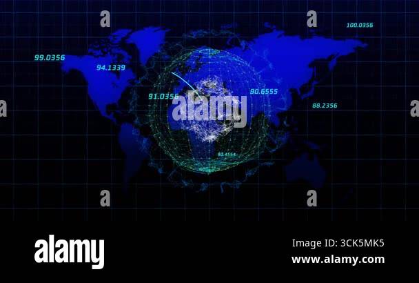 Wireframe pulsing Earth rotating on grid, neon arcs springing from continents, mapping data ...