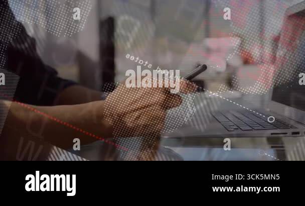 White dotted map and binary digits rising, hands gripping stylus ...