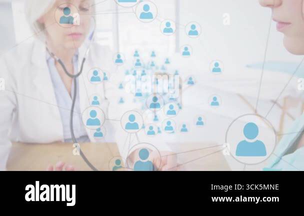 Doctor placing cuff on patient elbow listening pulse as animated health ...