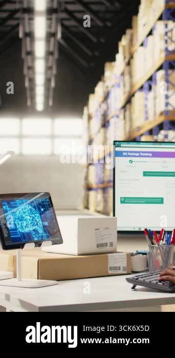 Vertical Video Black warehouse worker managing inventory logistics with AI virtual assistant to ...