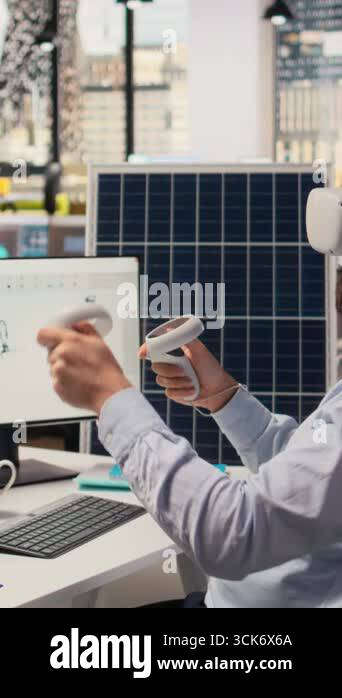 RD department researcher using VR headset to study solar clean energy ...