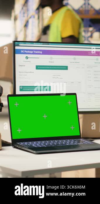 Vertical Video Female warehouse clerk checking awb labels next to ...