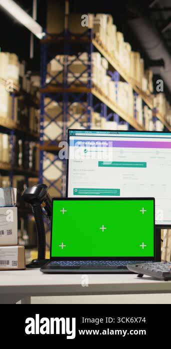 Vertical Video Stock room employee looks at phone with copy space and ...