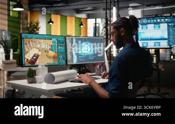 Real estate developer works with artificial intelligence and interior design software, deep ...