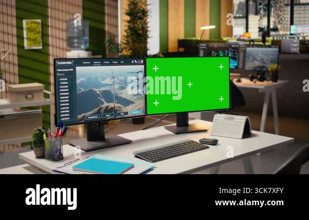 Wind turbine simulation on green screen mockup PC in RD office. CAD ...