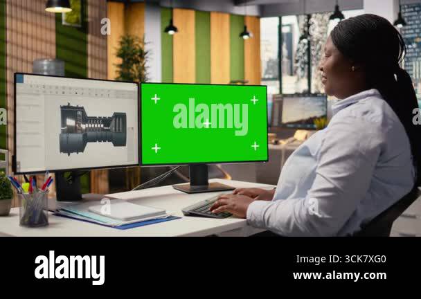 Wind energy researcher analyzes turbine component on green screen PC to ...