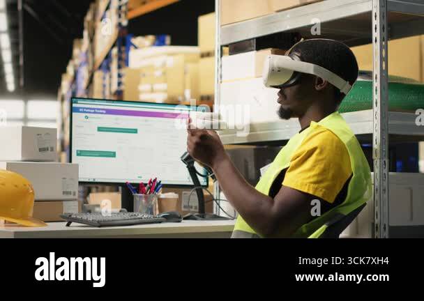 Black staff uses VR glasses for 3D simulation powered by artificial ...