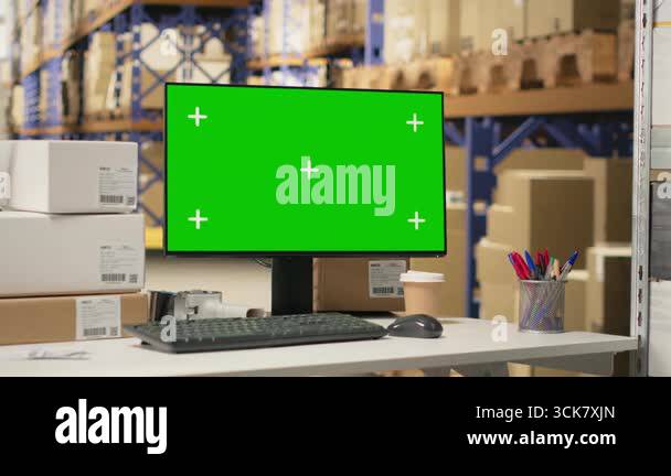 Empty warehouse with mockup display on computer monitor, ideal for ...