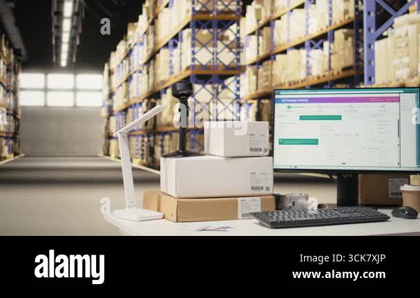 Spacious organized warehouse with empty shelves and open supply room ...