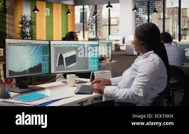 Product developer in office using advanced solar cell technology to ...
