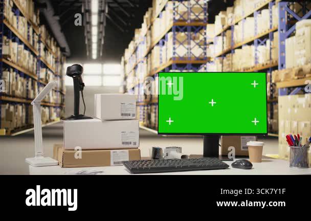 Order processing station desk with copy space on a monitor in a ...