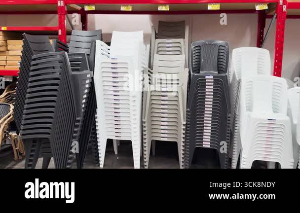 Rows of stacked chairs in a hardware store Stock Video Footage - Alamy