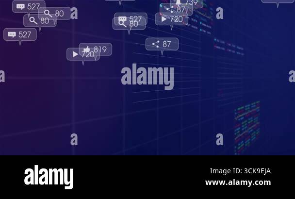 Opening 3D grid unleashing social metric icons drifting along rising line graph visualizing data ...